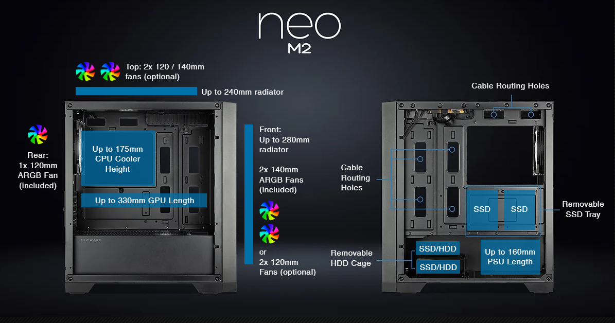 TECWARE NEO M2 STEEL / OMNI TG ARGB M-ATX PC CASE - 3 ARGB FANS ...
