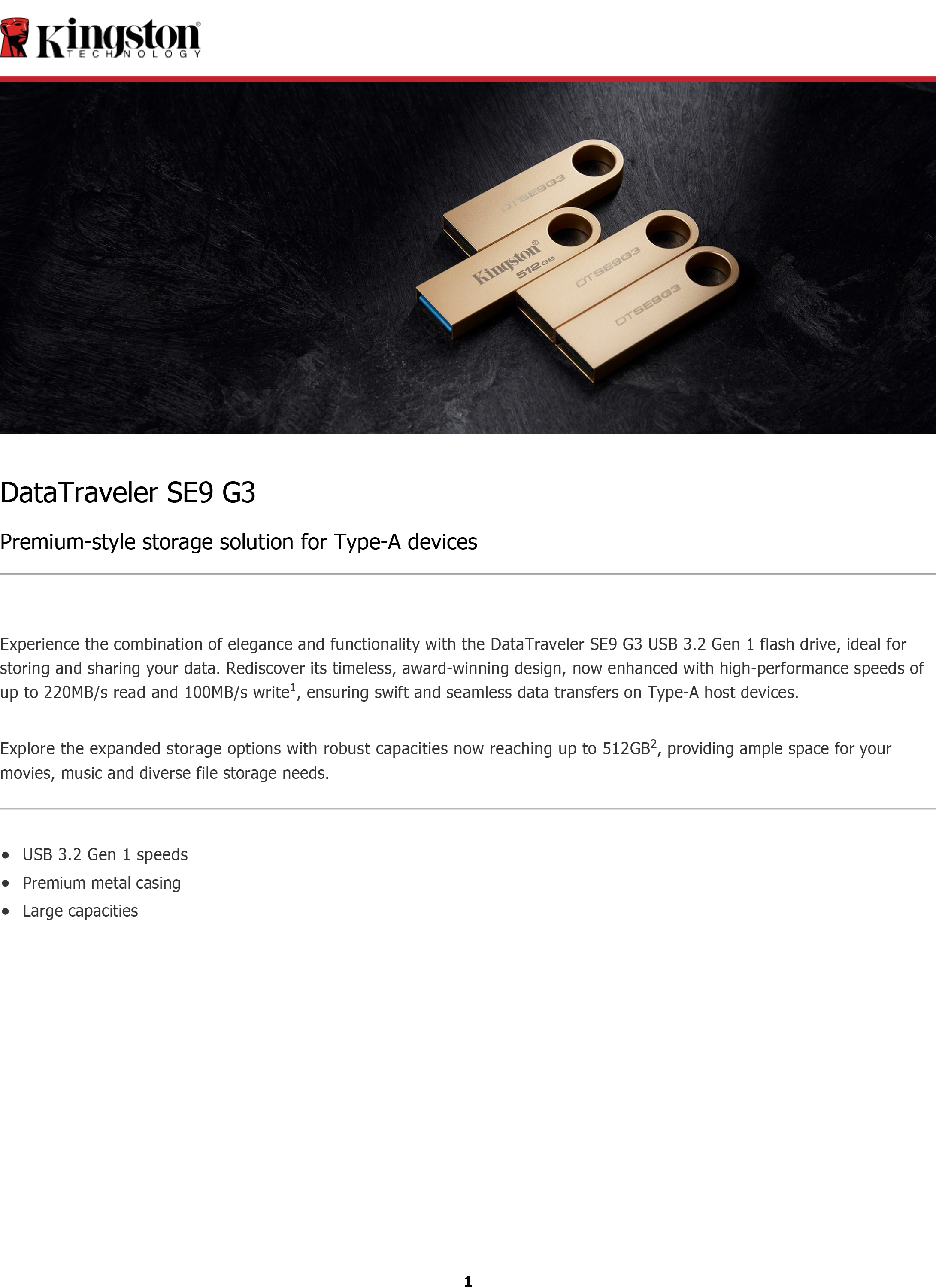 Kingston DataTraveler SE9 G3 USB 3.2 Flash Drive (64GB/128GB/256GB ...