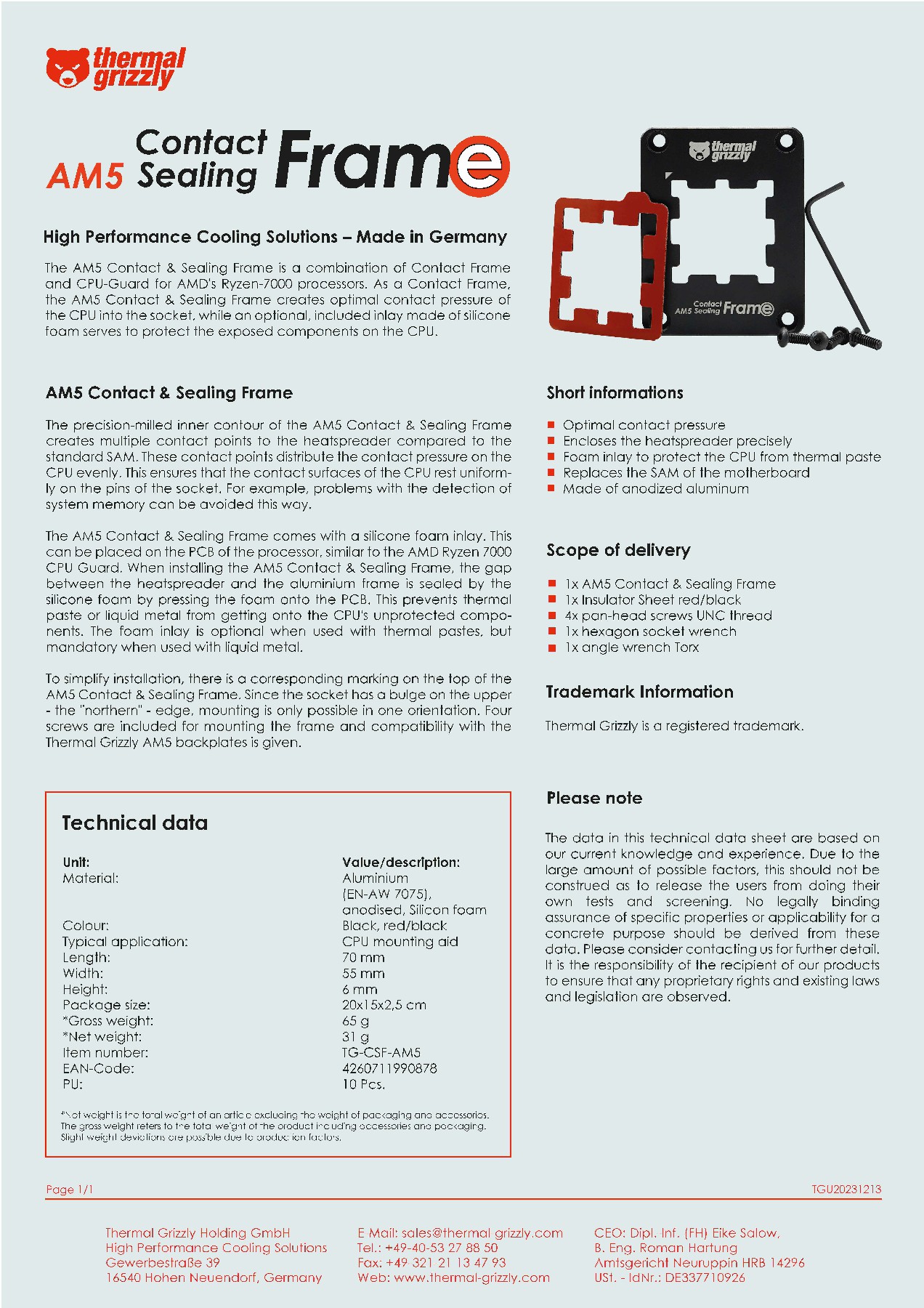 THERMAL GRIZZLY CPU Contact Frame for Intel 12th/13th Gen LGA1700 CPU ...
