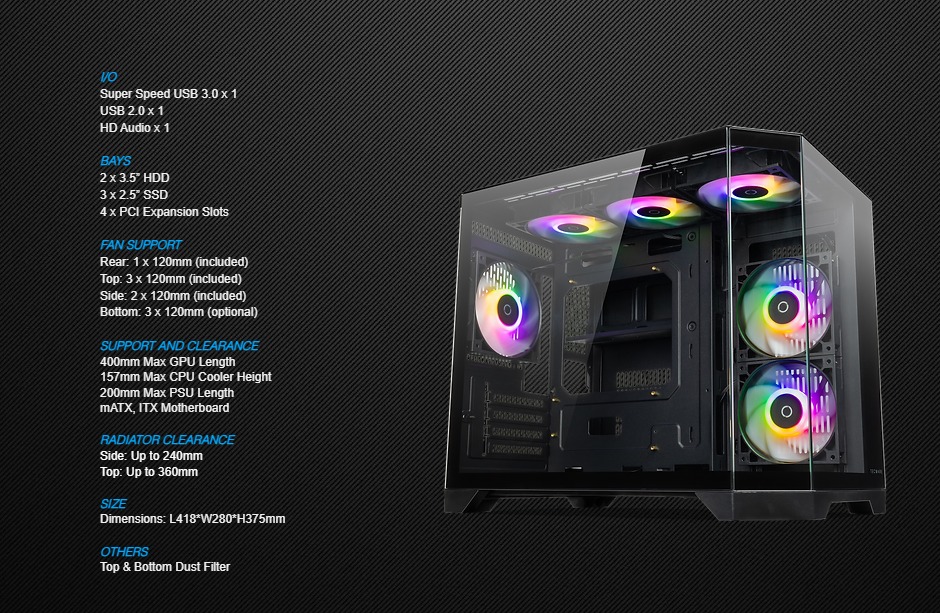 Tecware VX Trinity M TG MATX Case w/6 Omni Link ARGB Fans - Black ...