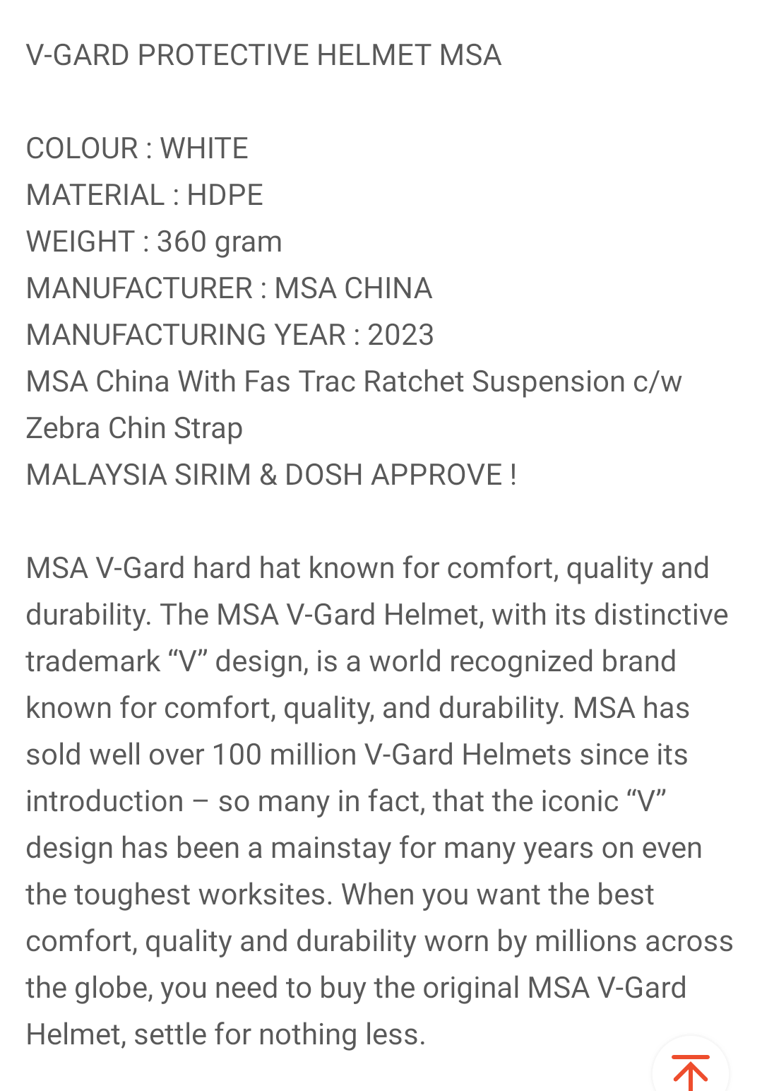 MSA V-Gard Safety Helmet SIRIM & DOSH Chinstrap Included JKKP White ...