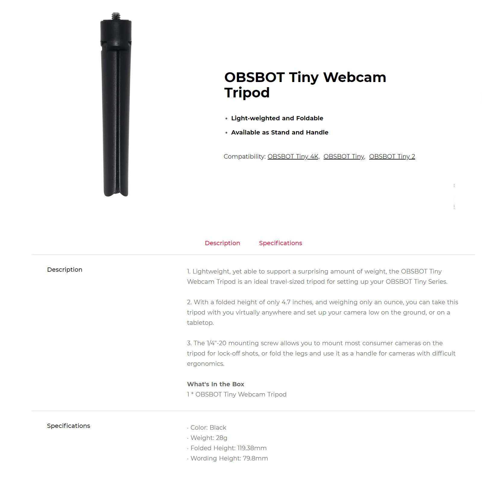 OBSBOT TINY WEBCAM TRIPOD TABLETOP COMPACT TRIPOD FOR TINY SERIES WITH ...