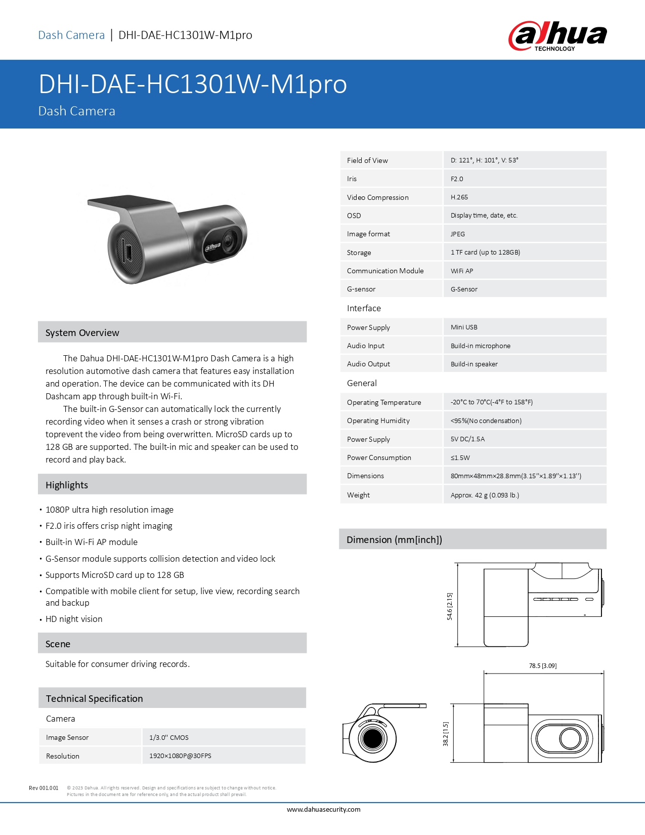 DAHUA M1 PRO DASHCAM WITH 1080P HD, BUILT IN WI-FI AP MODULE, G-SENSOR ...