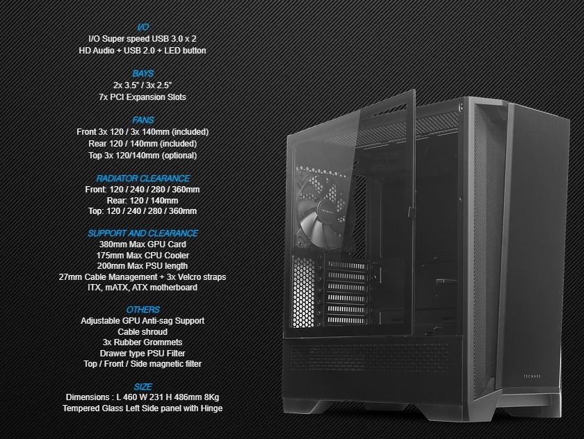 Tecware EDGE AIR TG BLACK ATX PC Casing Chassis Case Non Led No Light ...
