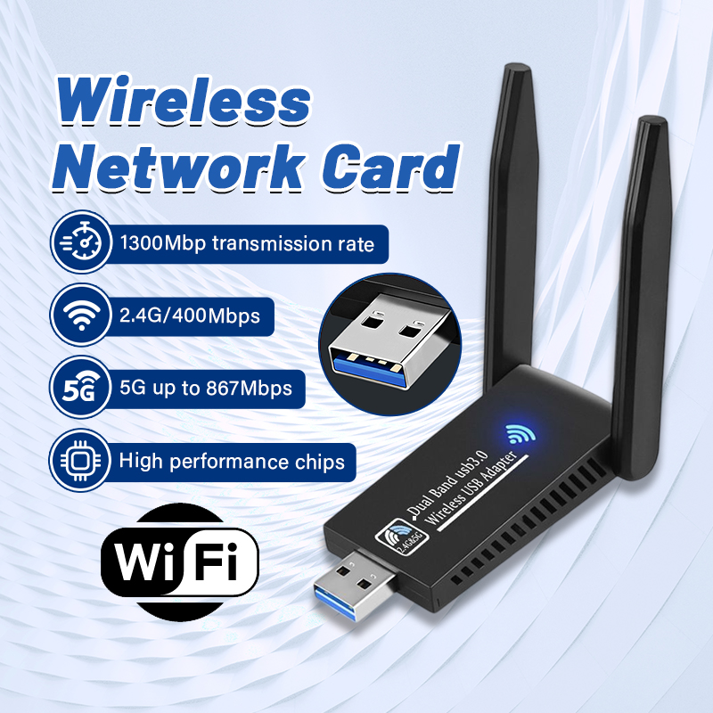WiFi Adapter 1300Mbps Wireless Card 5G External Antenna Wireless Card Gigabit Dual-band USB 3.0 ...