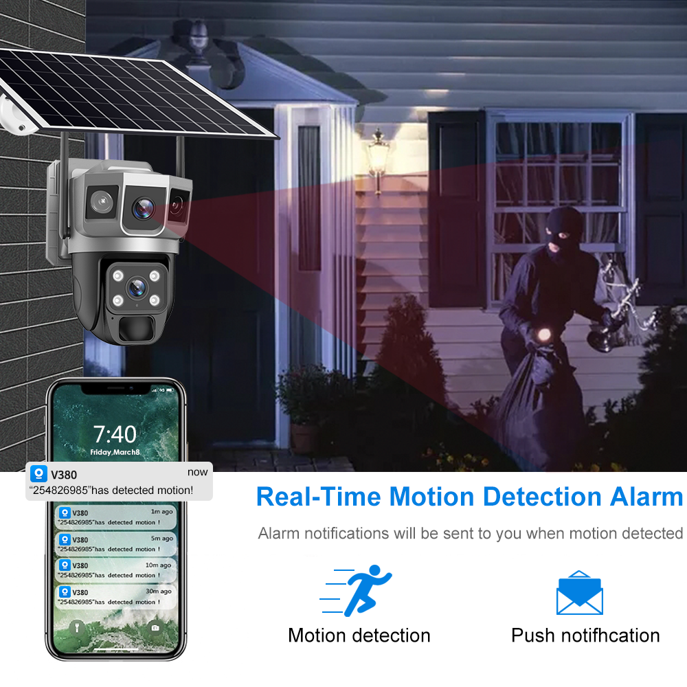 V380 VTS02 Three Screen CCTV Solar Outdoor IP66 Waterproof Wifi Camera ...