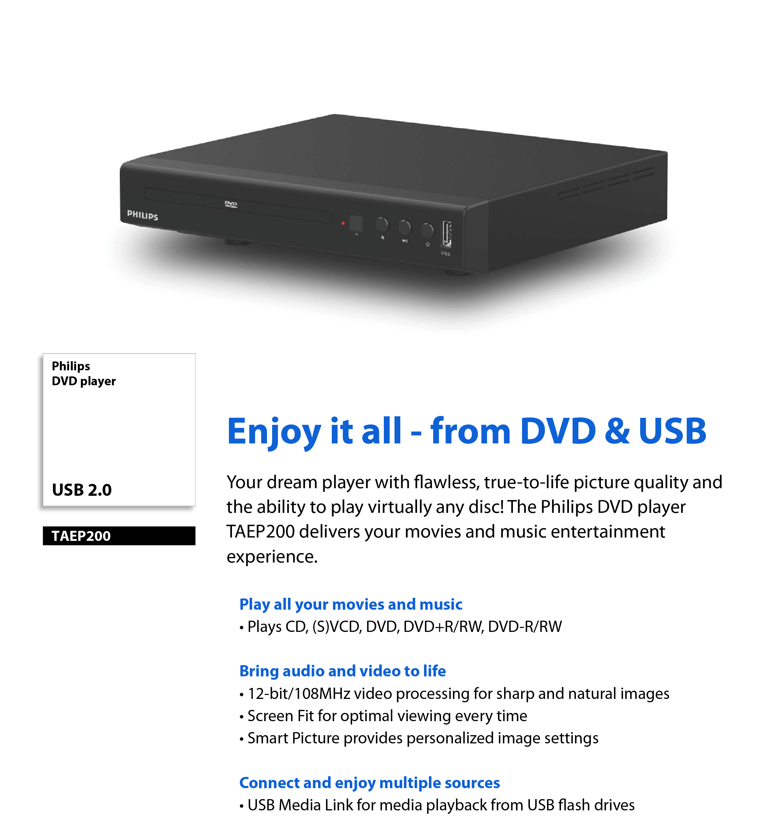 [New Model] PHILIPS TAEP200 DVD Player with USB 2.0 Direct, 12-Bit ...