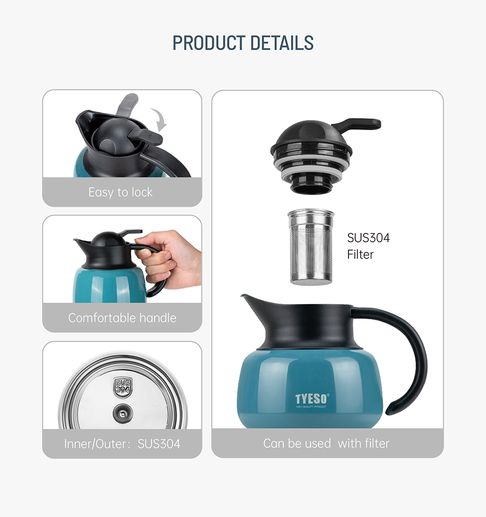 TYESO Vacuum Insulated Modern Tea Pot With Filter (600/750/1000ml) TS ...