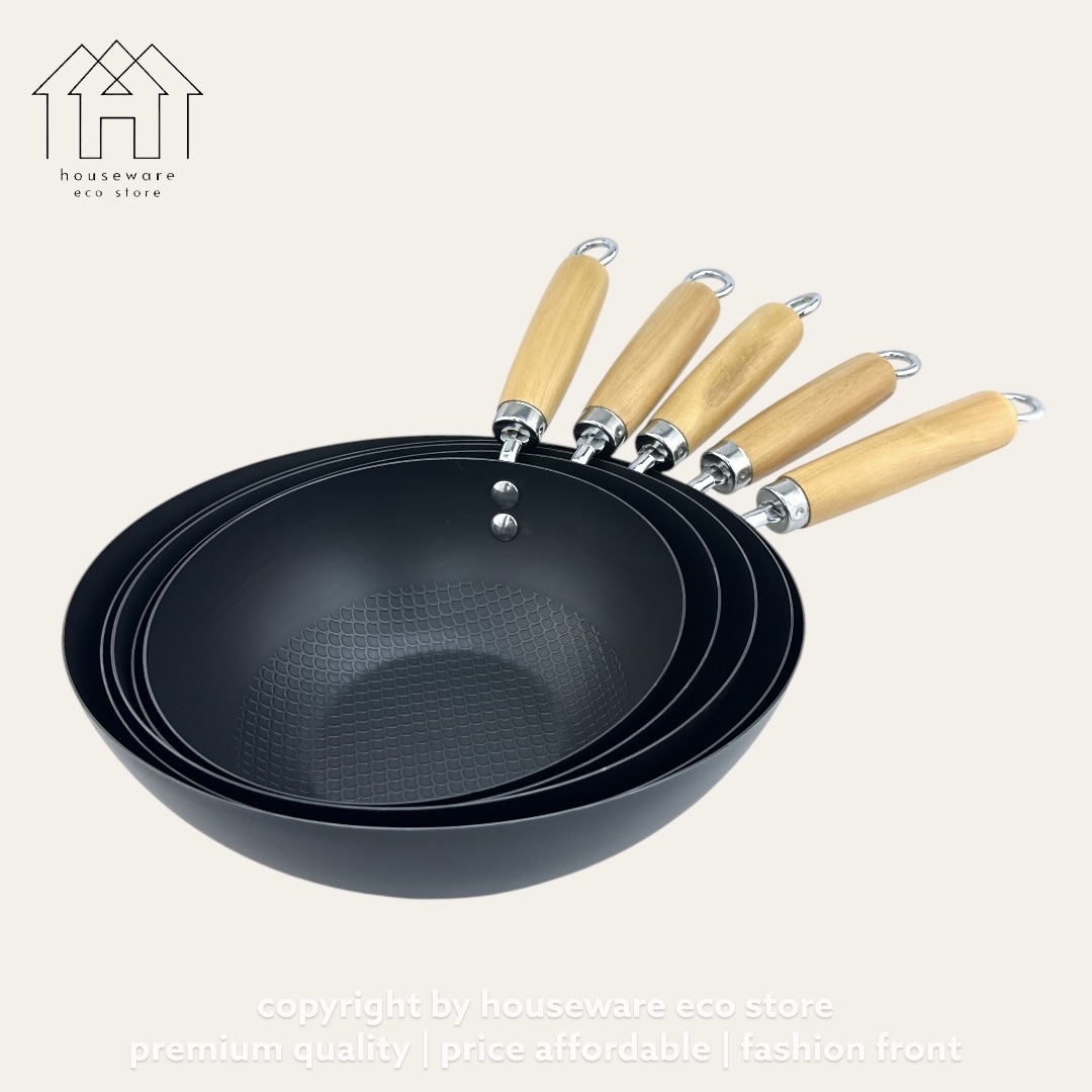 Japanese Non Stick Deep Wok Asian Cooking Wooden Handle Stir Fry Wok ...