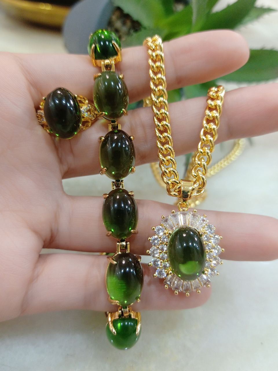 HIJAU Full Set Hand Chain + Neck Chain + Green Suasa Ring | Shopee ...