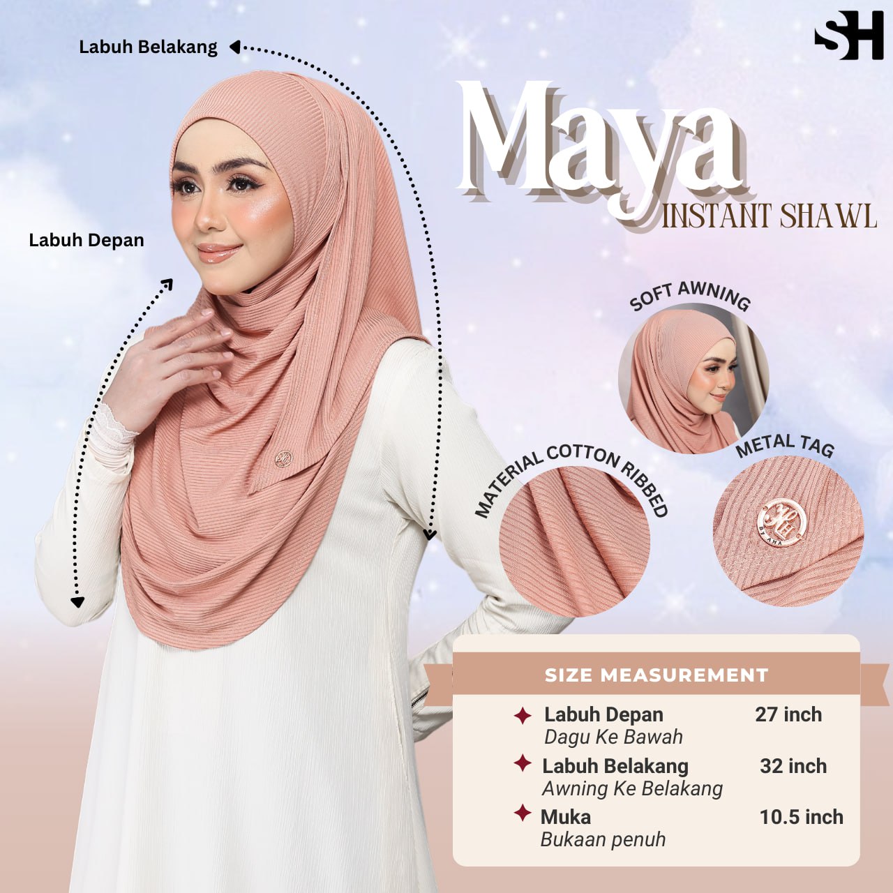 TUDUNG MAYA INSTANT SHAWL - HQ COTTON RIBBED PREMIUM - IRONLESS & FLIP FLOW INSTANT HEEJAB ...