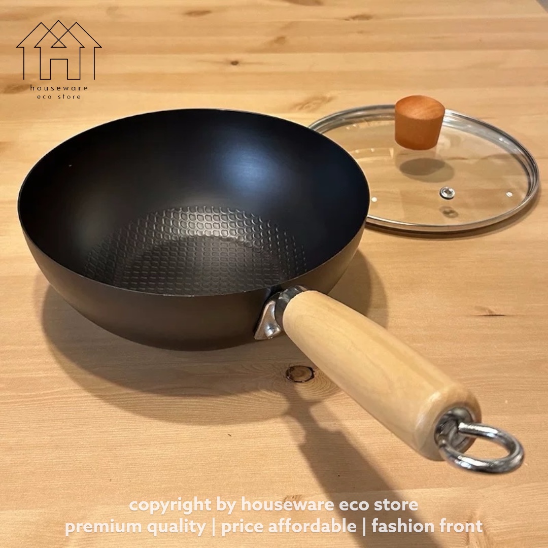 Japanese Non Stick Deep Wok Asian Cooking Wooden Handle Stir Fry Wok ...