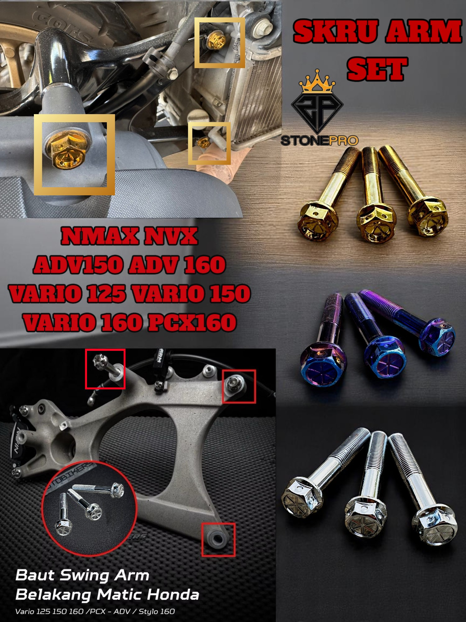 SWING ARM SKRU SET SCREW (3PCS) NMAX V1 V2 V3 NVX V1 V2 AEROX ADV150 ...