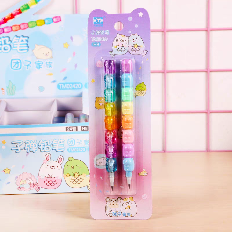 Creative Rainbow Colour Cute Cartoon Stackable Push Point Pencil HB Non ...