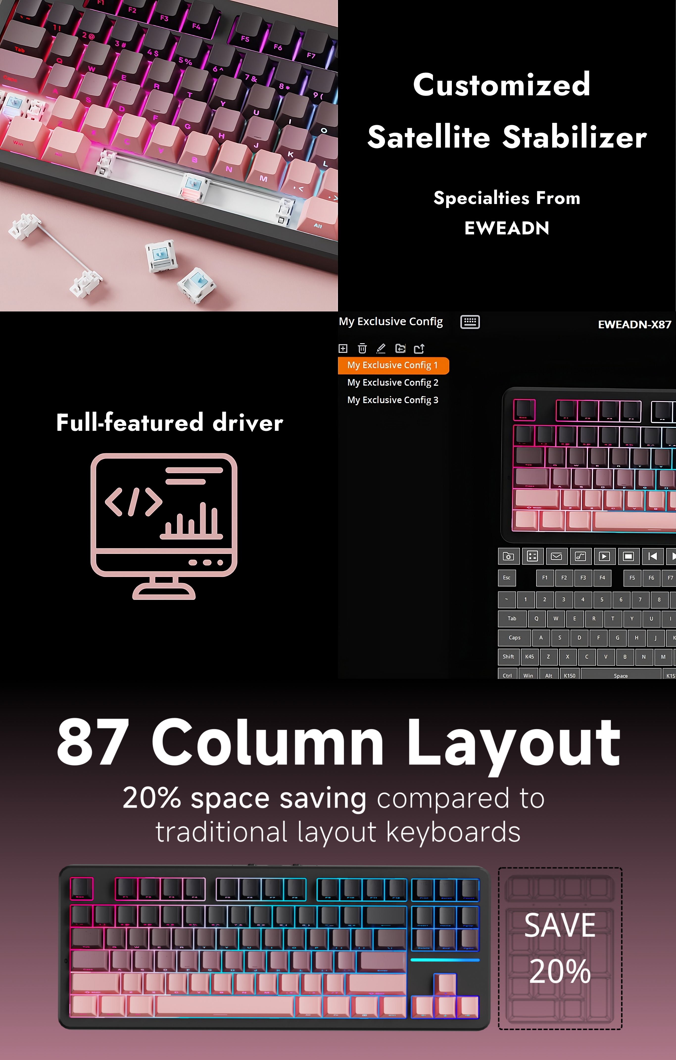 EWEADN X87 87 Keys Wireless Mechanical Keyboard 10000mAh Tri-Mode Connection Customized RGB Hot ...