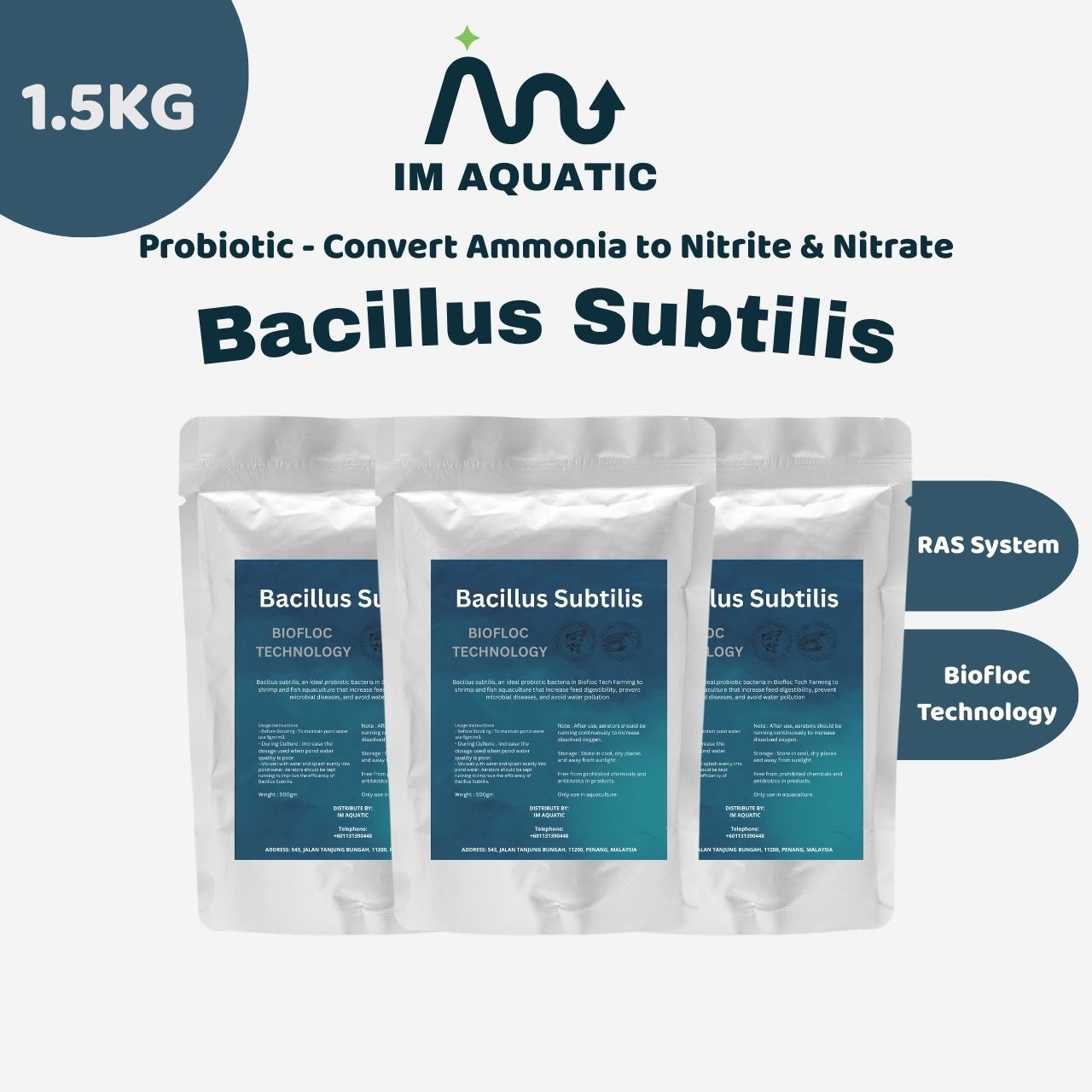 IM AQUATIC Bacillus Subtilis 500g x 3 Pack Biofloc Aquaculture ...