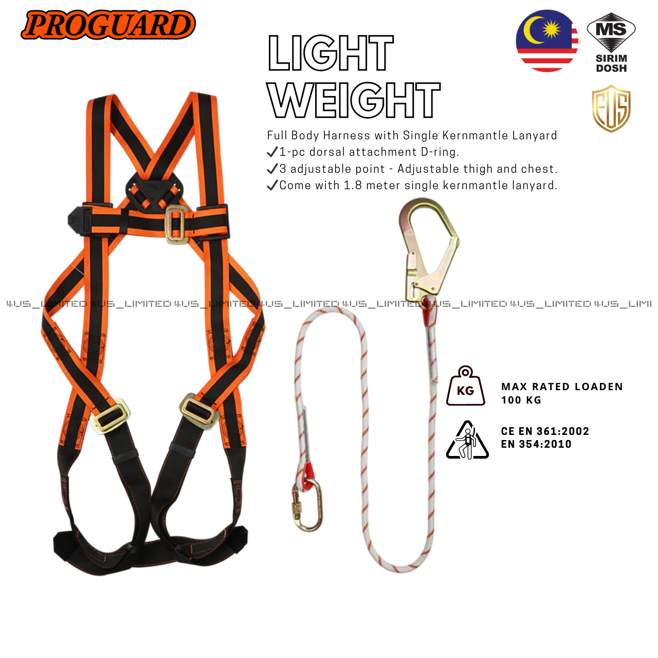 PROGUARD PFP-FBH-108-LITE-SGLY-SET Safety Full Body Harness & Single ...
