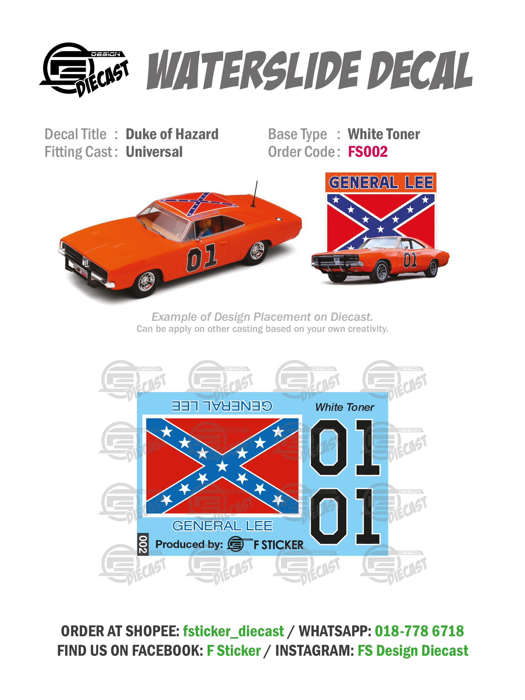 FS002 - DOH General Lee White Toner Waterslide Decal for 1/64 Scaled ...