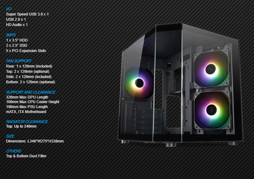 TECWARE VX TRINITY M2 TEMPERED GLASS M-ATX PC CASE WITH 3*120mm ARGB ...