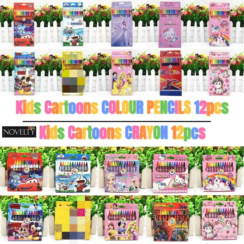 Kids Cartoon Colour Pencil Crayon 12pcs Pensil Warna Krayon Kartun ...