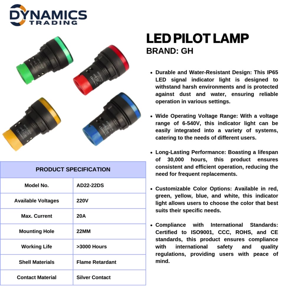 Pilot Light Indicator Lamp Brand: GH Mounting: 22MM 220V LED – Red ...