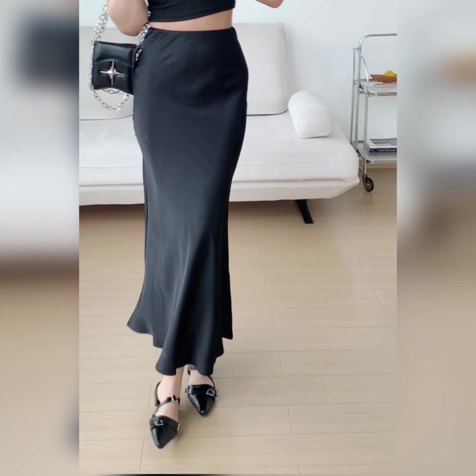 Korean Casual A-line Satin Palda Mermaid Wrap Long Skirt for Woman ...