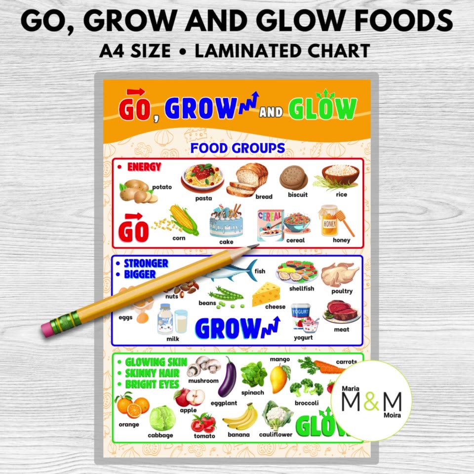 GO, GROW AND GLOW CHARTS | A4 SIZE | LAMINATED EDUCATIONAL FOOD GROUPS ...