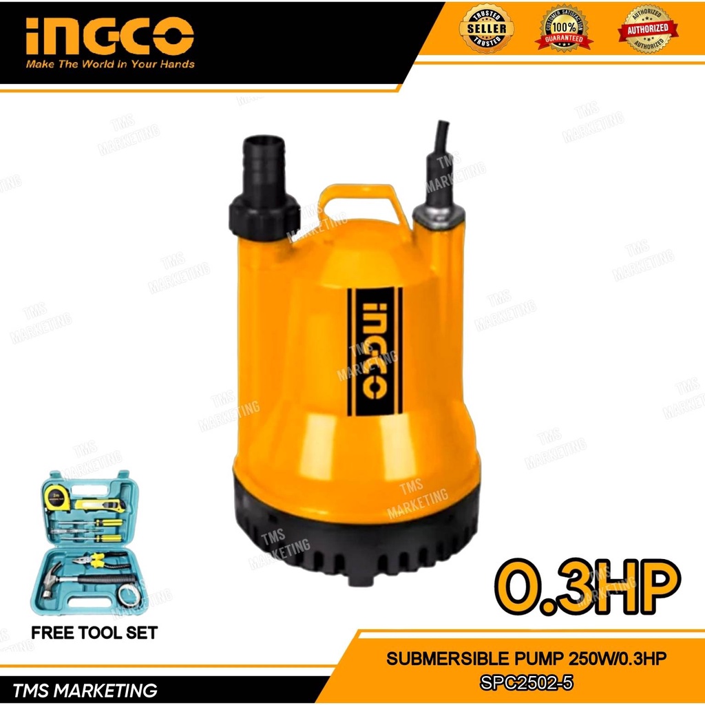 INGCO 250W Submersible Water Pump 0.3 HP SPC2502-5 FREE Tool Set ...