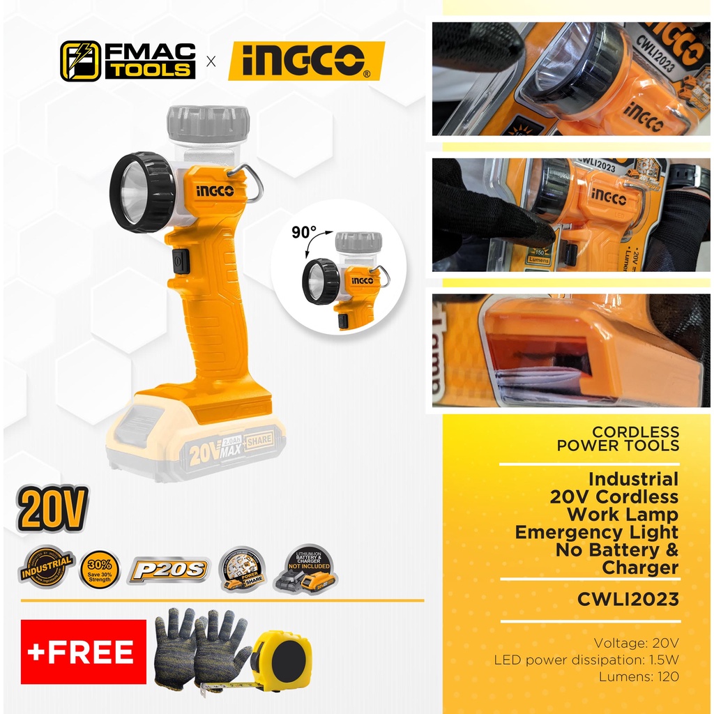 INGCO Li-Ion 20V Cordless Work Lamp Emergency Light CWLI2023 No batt ...