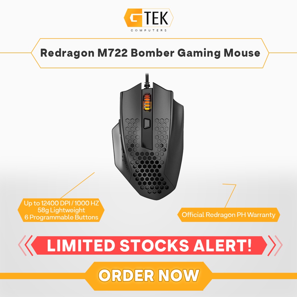 Redragon M722 Bomber Black 12400 DPI 58g Lightweight Honeycomb Gaming ...