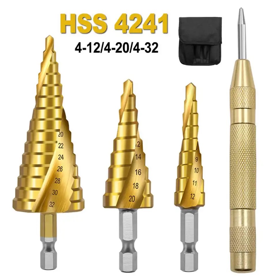 HSS Titanium Step Drill Bit Set & 1 pcs Automatic Center Punch | Shopee ...