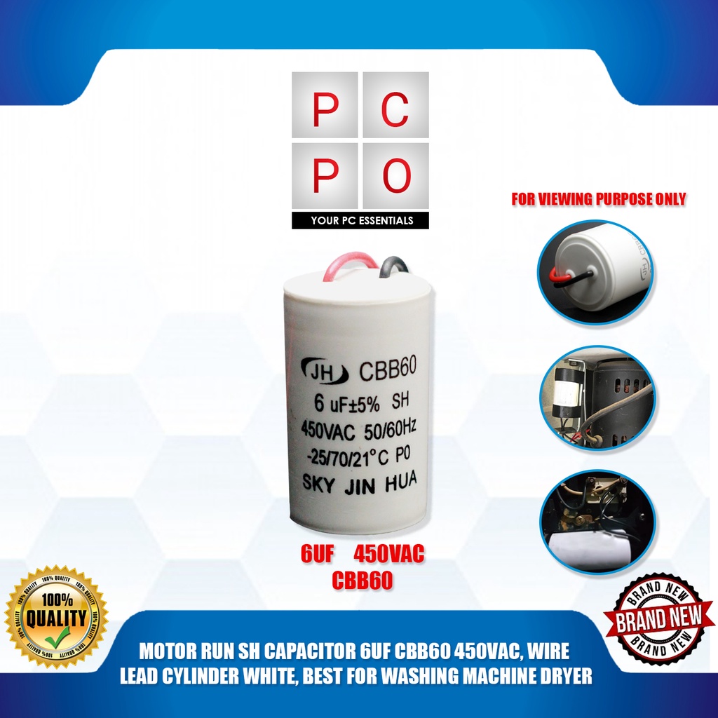 MOTOR RUN SH CAPACITOR 6UF CBB60 450VAC, WIRE LEAD CYLINDER WHITE, BEST ...