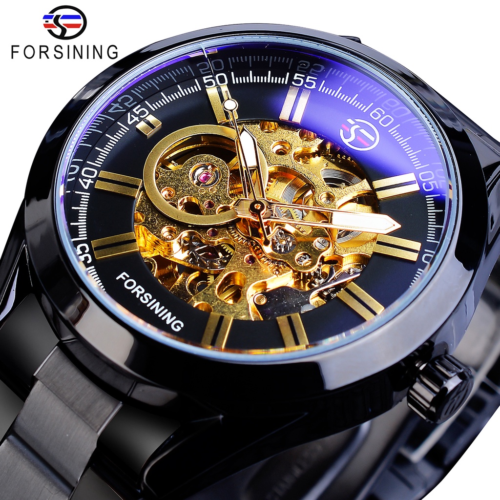 Original Forsining Automatic Fashion Black Men's Mechanical Watch Hollow Stainless Steel Strap ...