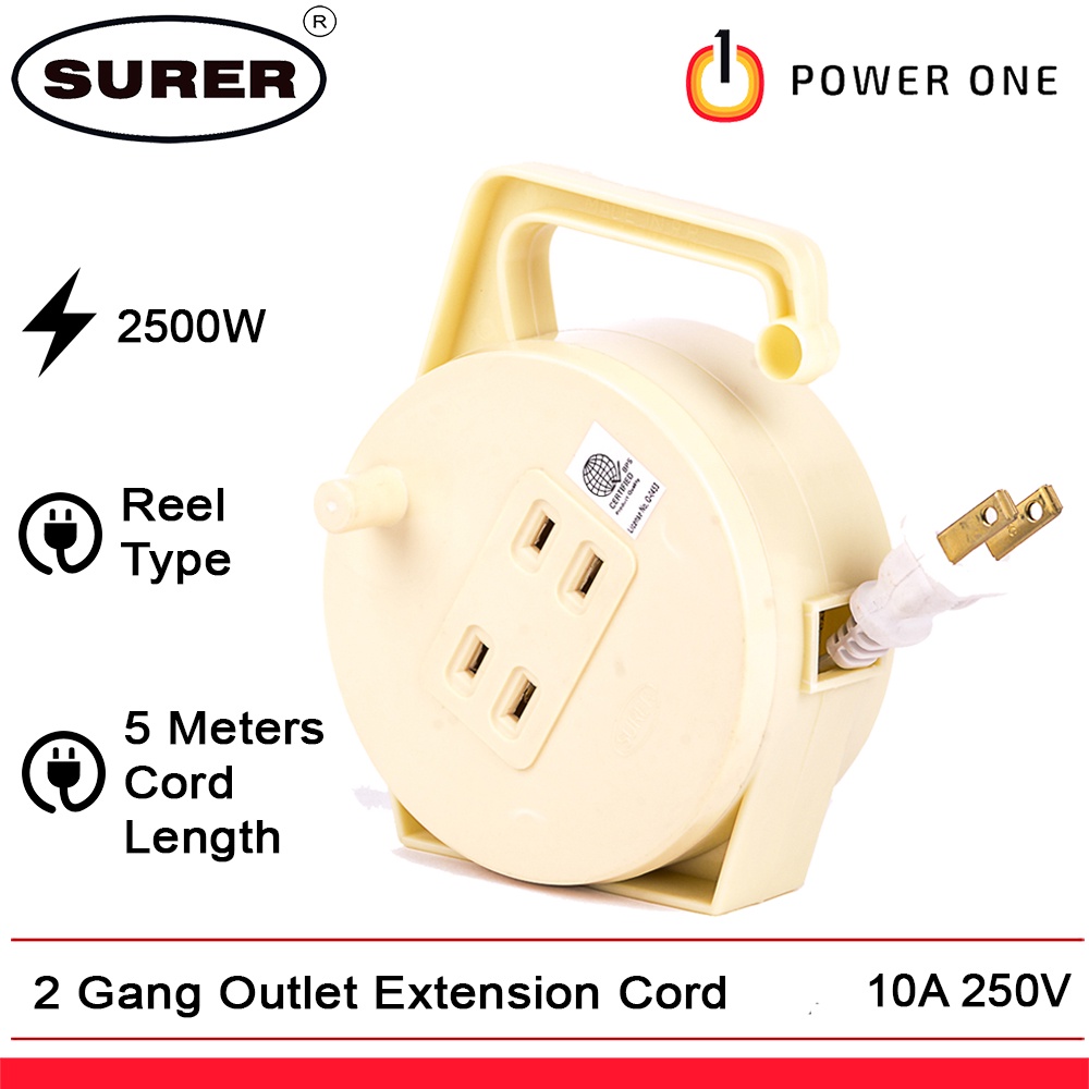 Surer 3109 (5m) 2 Gang Extension Cord, Reel Type (White) (3100 Series ...