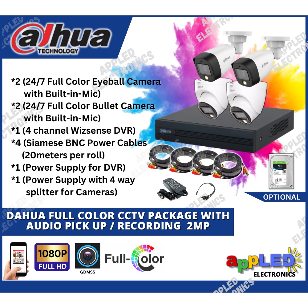 DAHUA FULL COLOR CCTV PACKAGE WITH AUDIO 2MP 4 24/7 Full Color Cameras ...