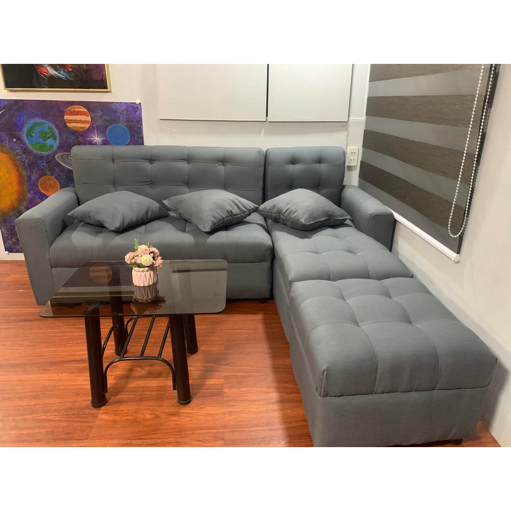 sala set L shape grey fabric sofa with glass table uratex foam cod ...