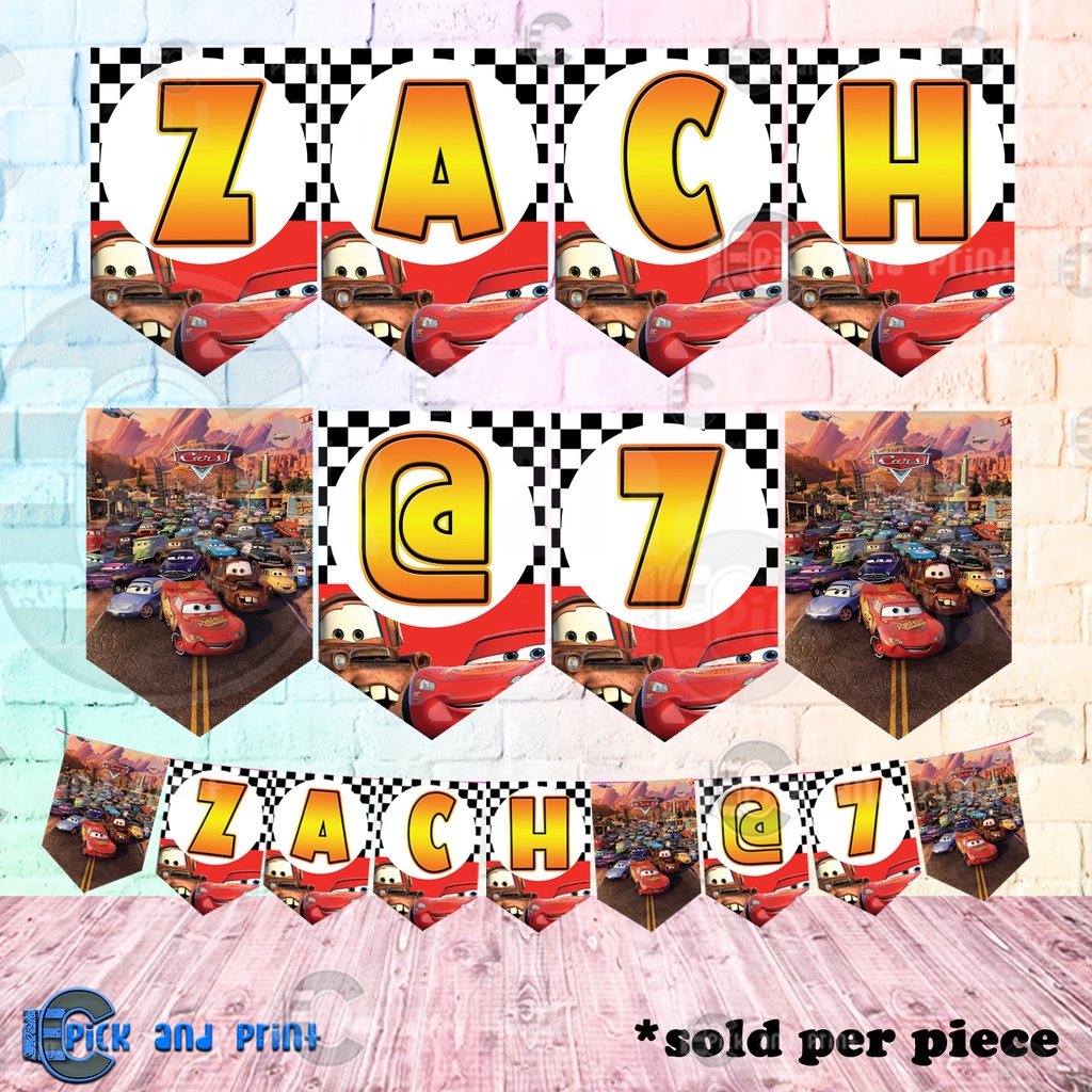 Customized Mcqueen CarsTheme Name Flag Banner Banderitas for DIY Party ...