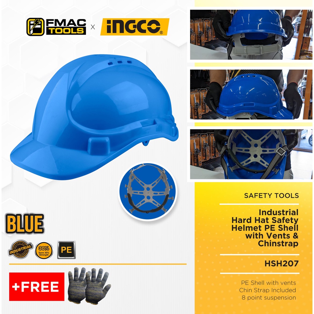 INGCO Industrial Blue Hard Hat Safety Helmet PE Shell with Vents HSH207 ...