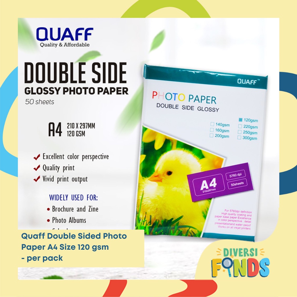 1PACK 120 GSM Quaff Photo Paper Double Side Glossy White A4 Size, 50 ...
