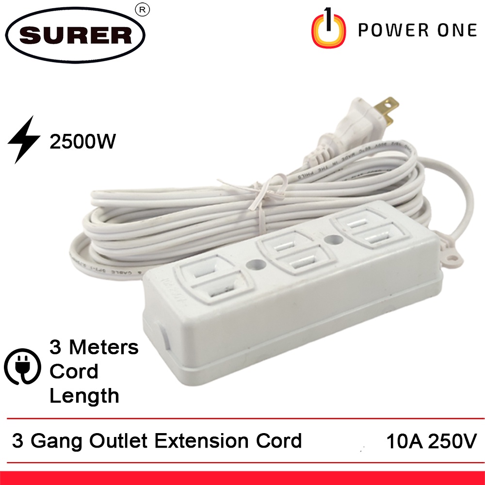 Surer 3173 (3m/4m/5m/6m) 3-Gang Parallel Outlet Extension Cord with 2 ...