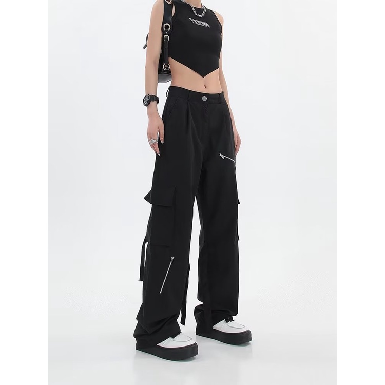 High street trend pants American cargo pants black straight tube charge ...