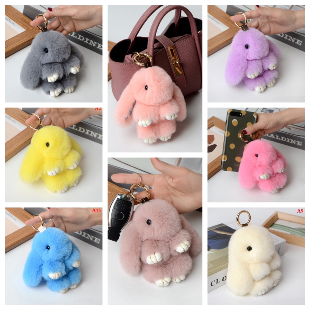FCPH Rabbit Keychain Ring Fluffy Real Fur Pompon Bunny Trinket Key ...