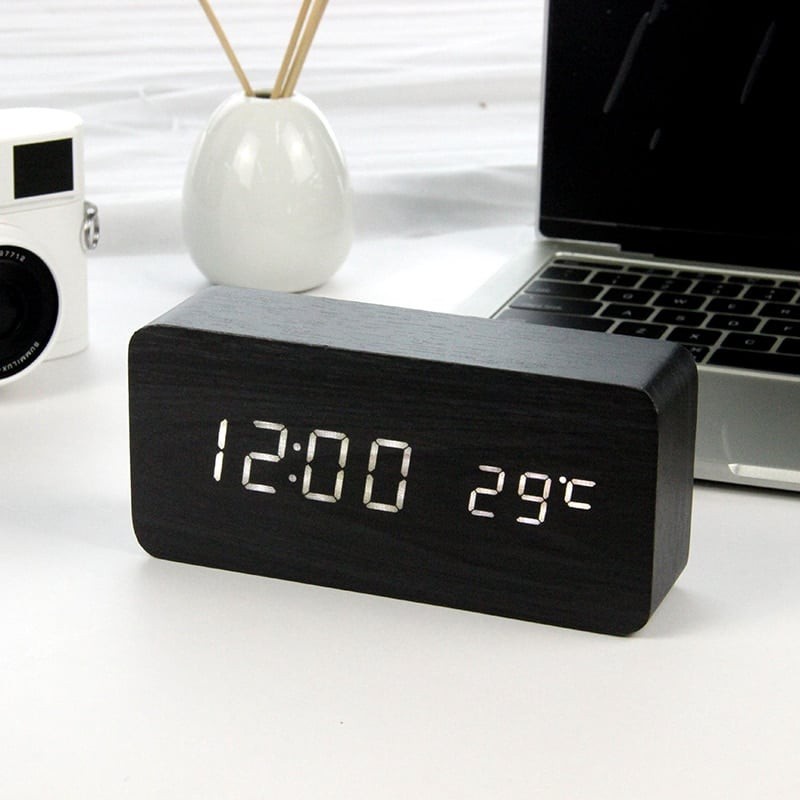 LED Wooden Alarm Clock Watch Table Voice Control Digital Wood ...
