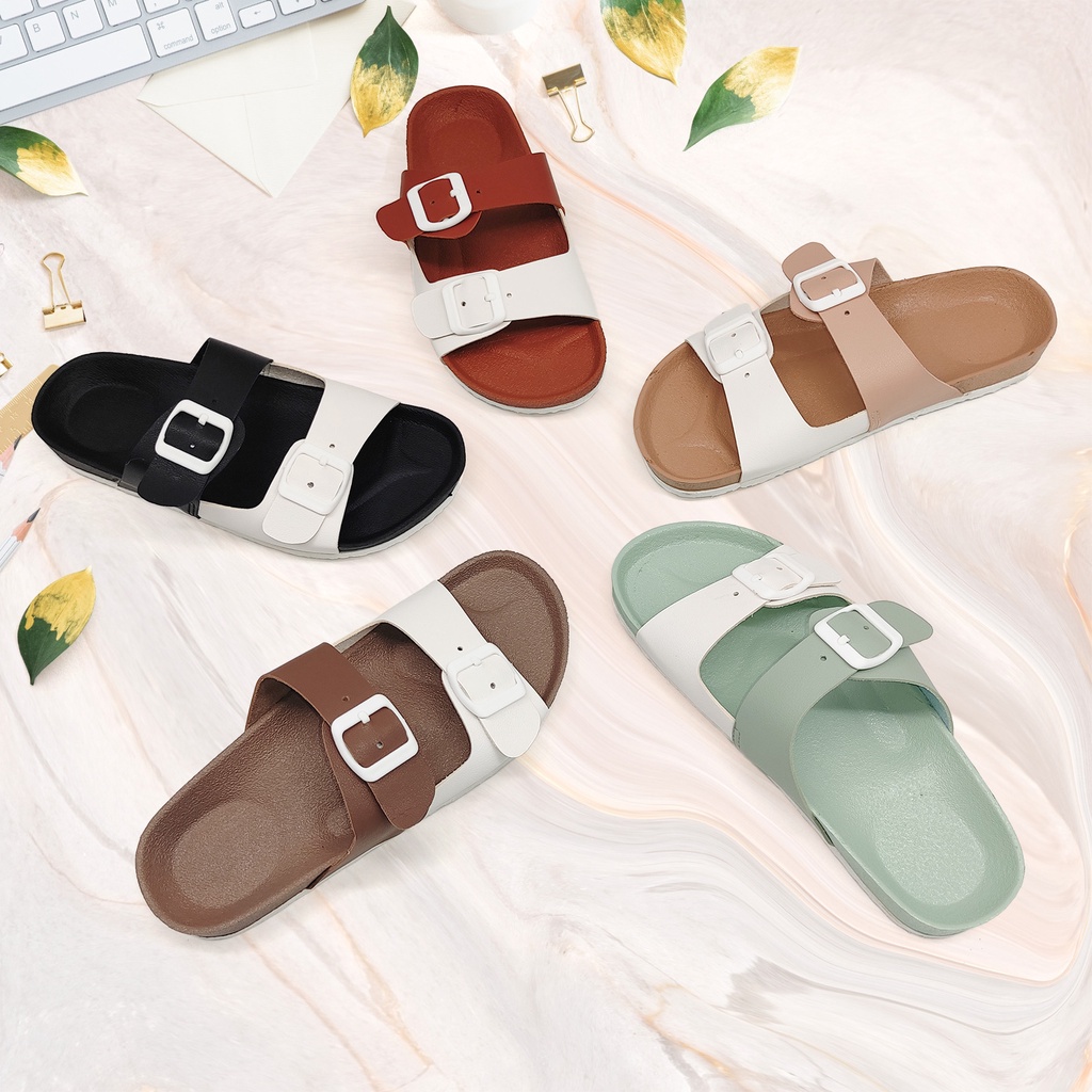 R&A829 Flat Round Toe with Dual Color Buckle Straps Colored Footbed PVC ...