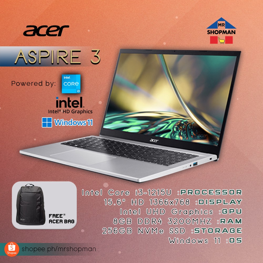 Acer Aspire 3 Intel Core i3 1215U | 15.6" 1080p FHD | 8GB DDR4 | 256GB ...