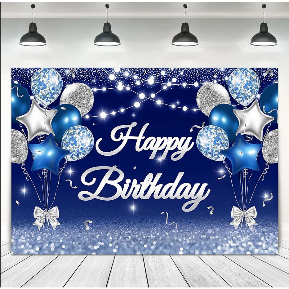 7x5ft Navy Blue Happy Birthday Decorations Backdrop Glitter Silver Blue Balloons for Child Men ...