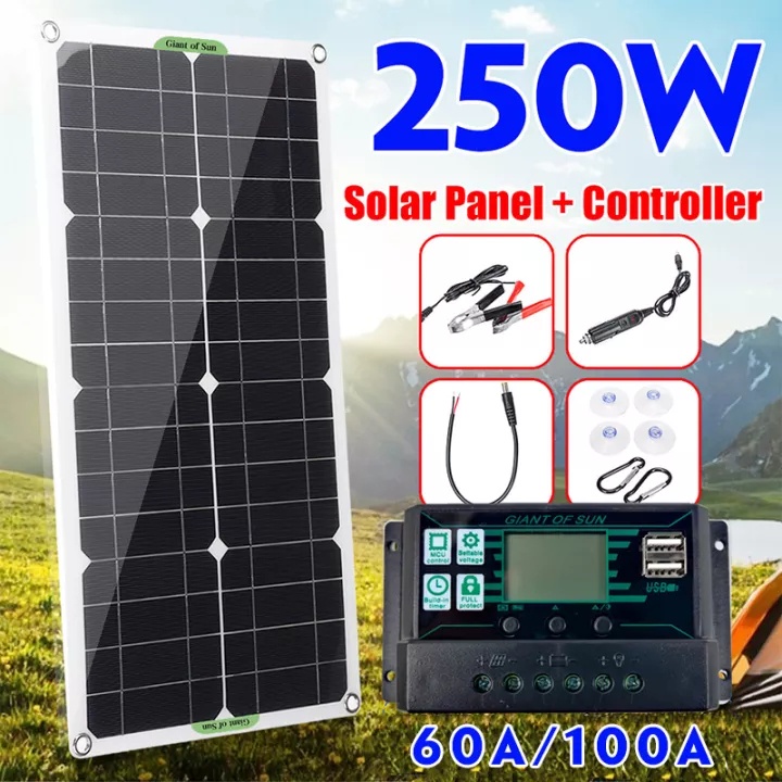 250W Solar Panel Kit Complete Dual 12/5V DC USB With 60A/100A Solar ...