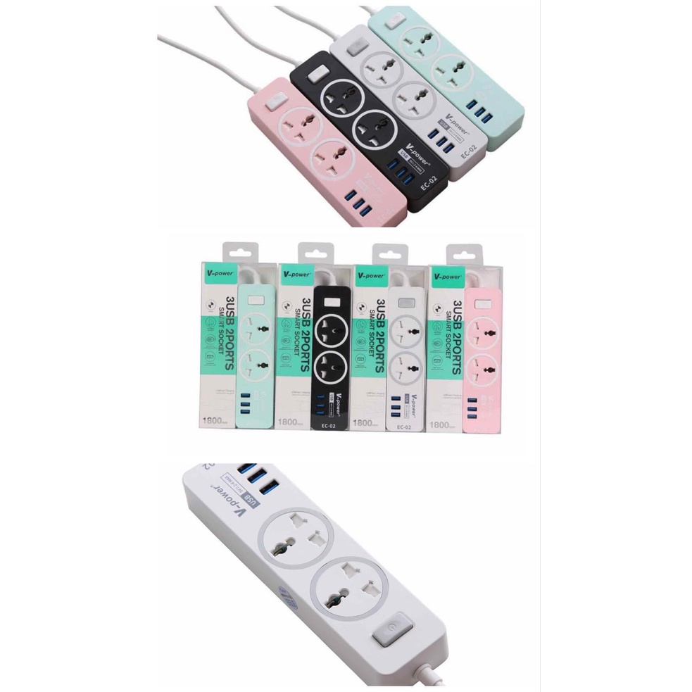 UNIVERSAL SOCKET V-POWER 1.8M 2 SOCKET 3USB 2.1A 5V W/ OVERLOAD POWER ...