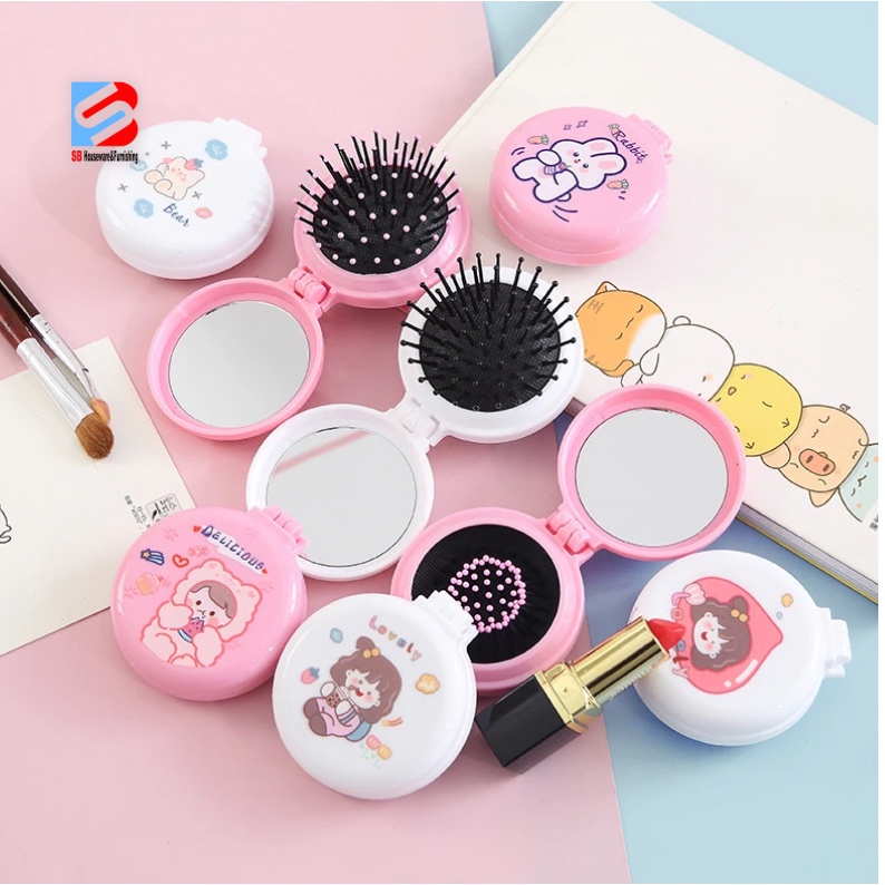 Mini Folding Cute Hair Brush with Compact Makeup Mirror,Portable Pocket ...