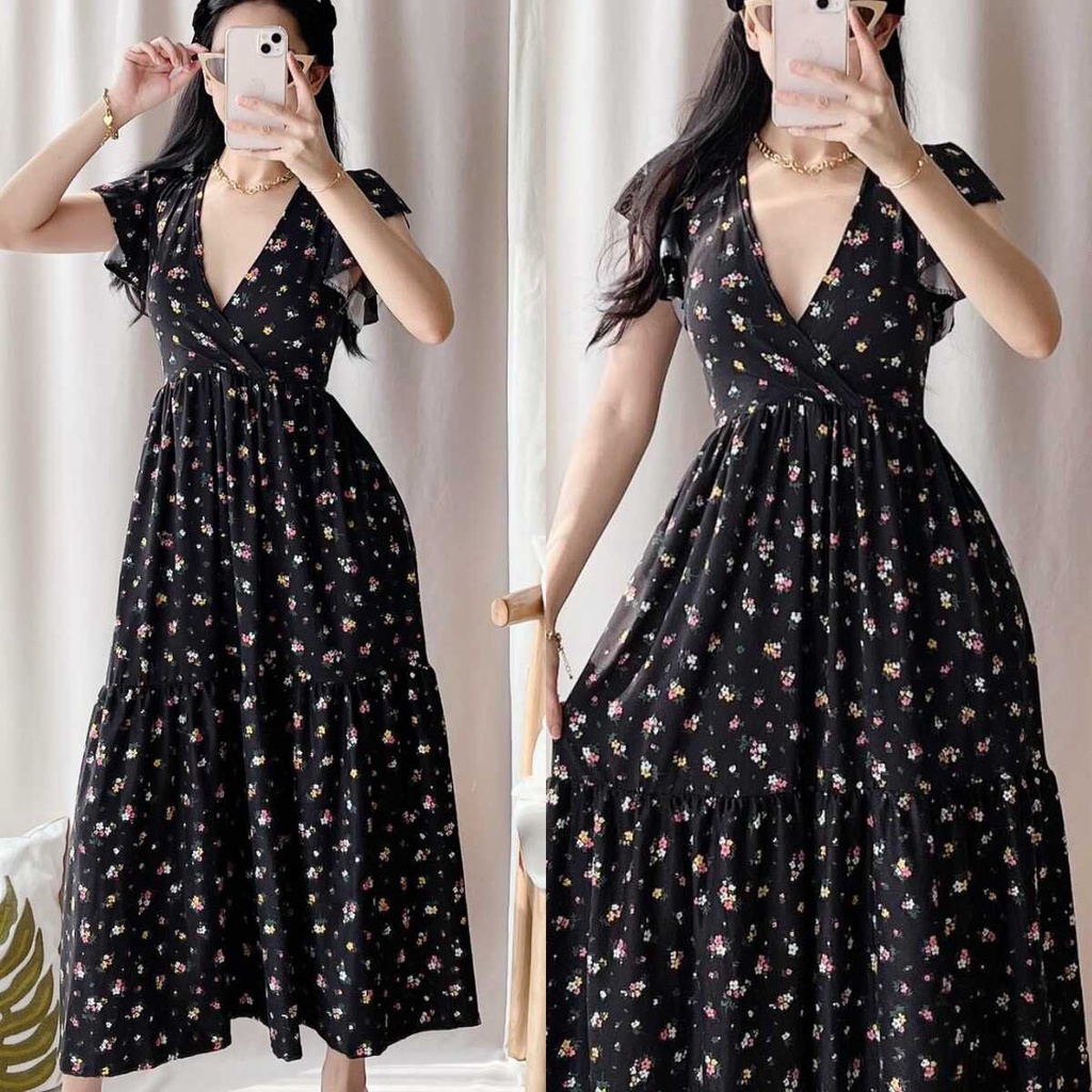 Butterfly Sleeve Ruffle Hem V Neck Maxi Dress | Shopee Philippines